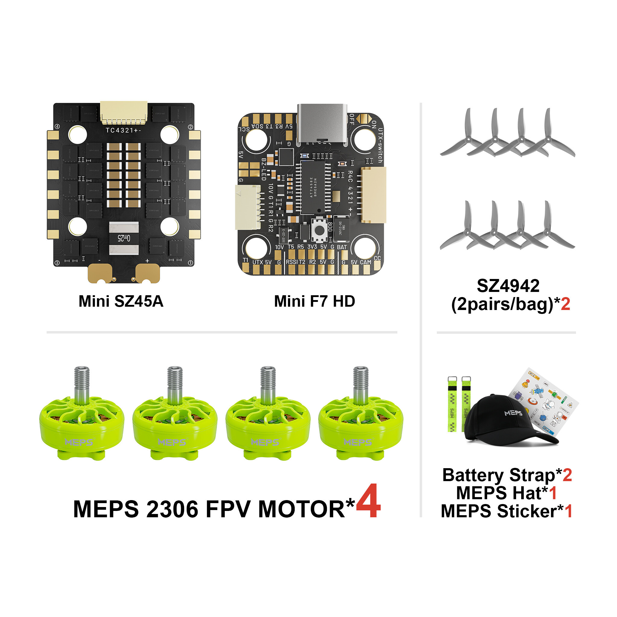 SZ2306 Brushless Motors with Mini 45A ESC & F7 Flight Controller Stack